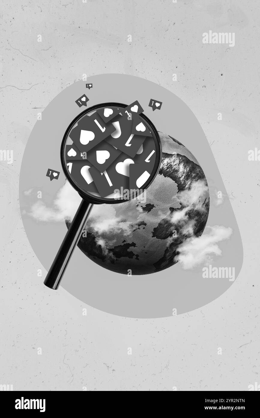 Vertical collage image of magnifier lens enlarge like notification ...