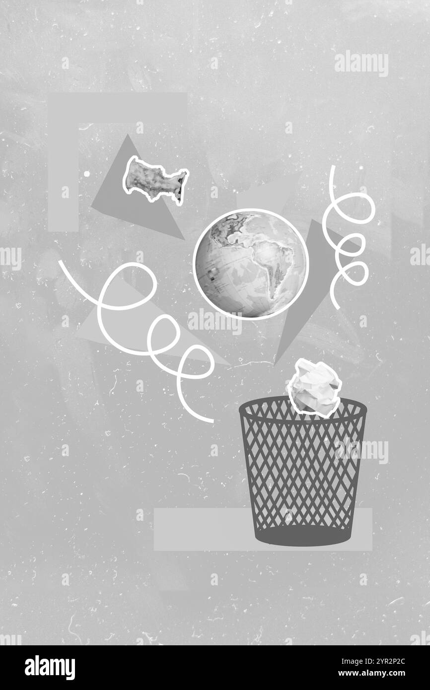 Vertical collage picture of food paper small earth globe falling trash ...