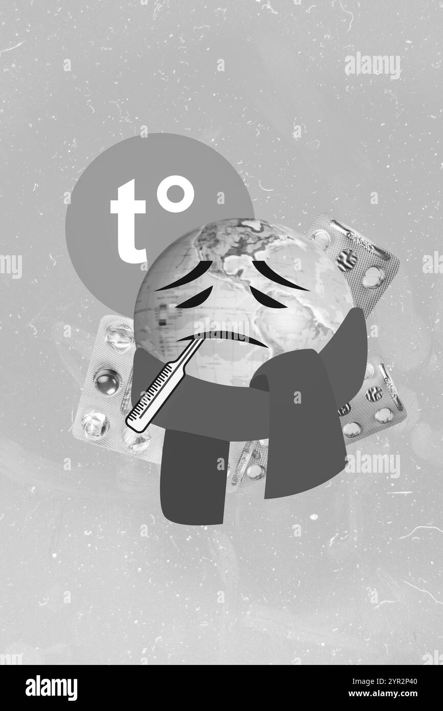 Vertical collage image of sick unwell planet earth globe temperature ...