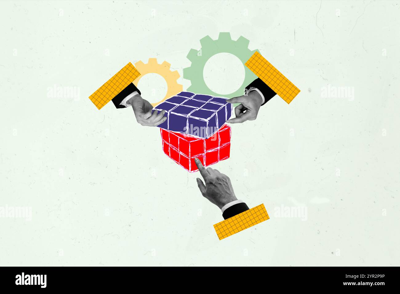 Composite photo collage of hands show rubik cube jigsaw logic ...