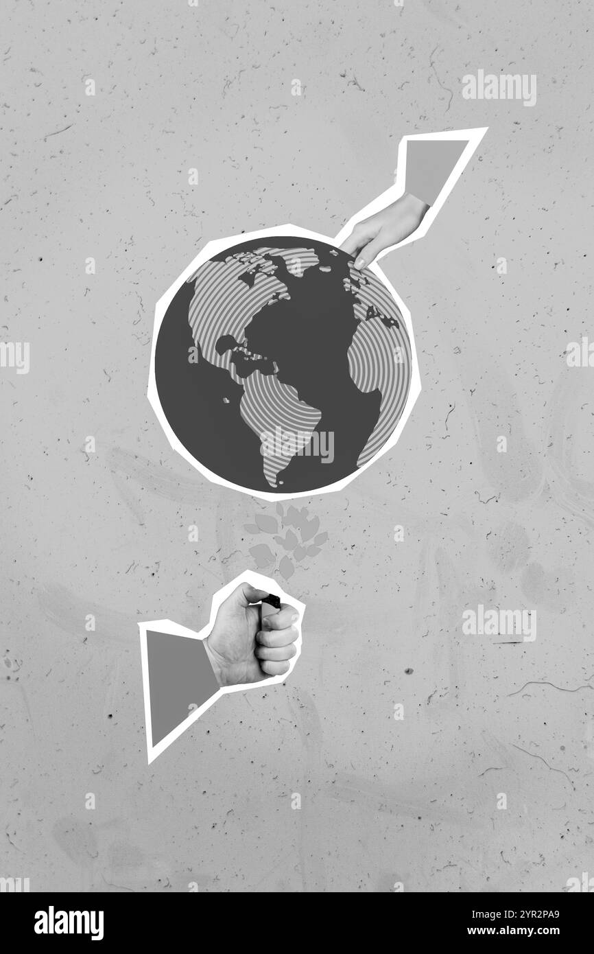 Collage photo concept of big planet earth damaged lighter fire warming ...