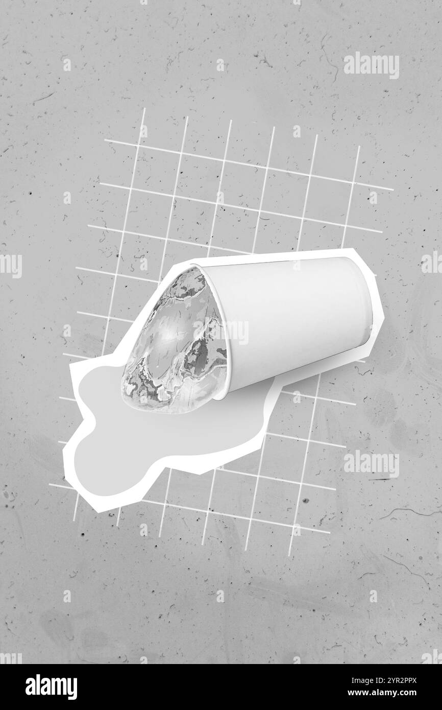 Collage photo poster of paper plastic cup with liquid spill out water ...