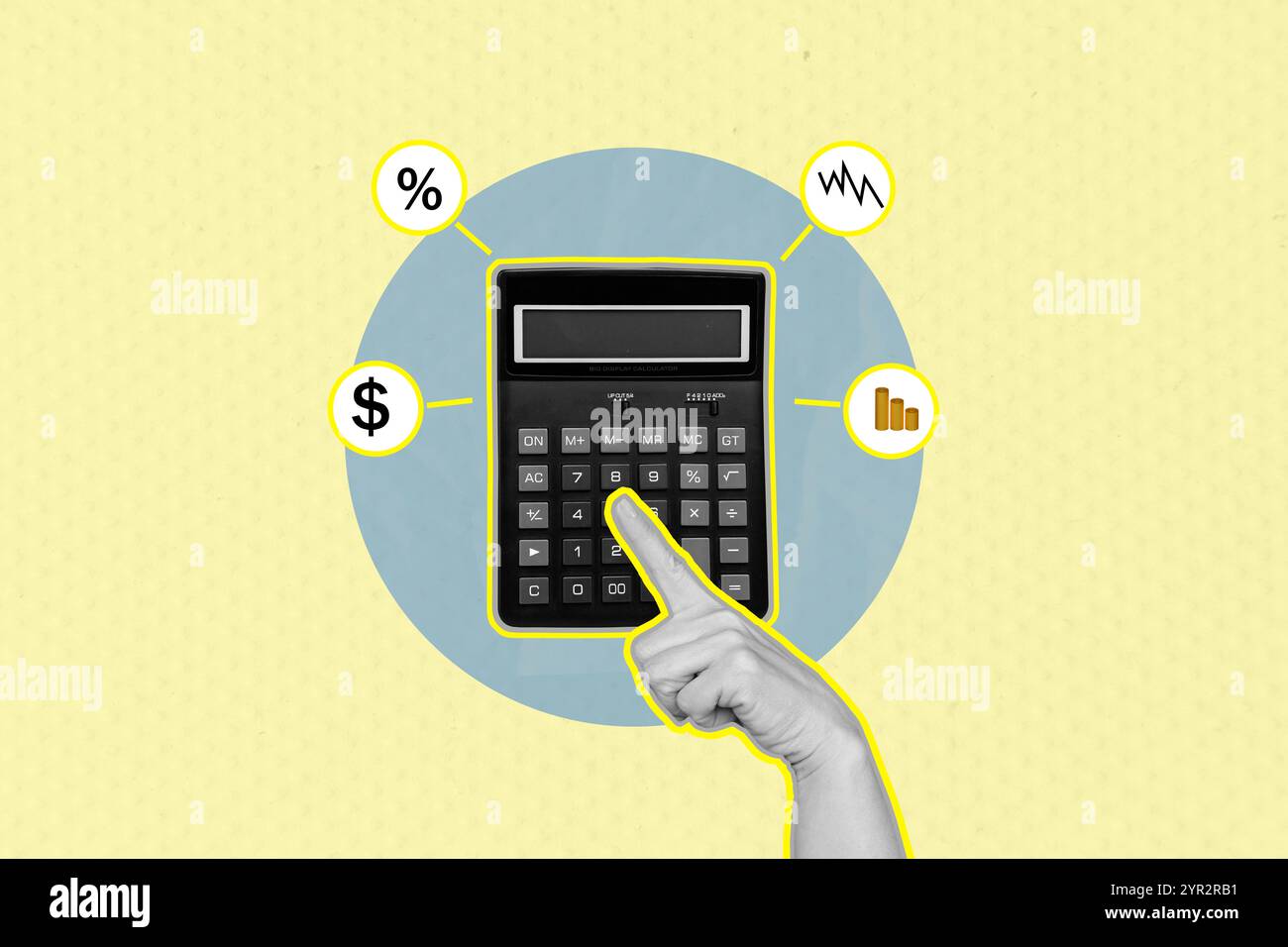 Composite photo collage of hand index finger point calculator count ...