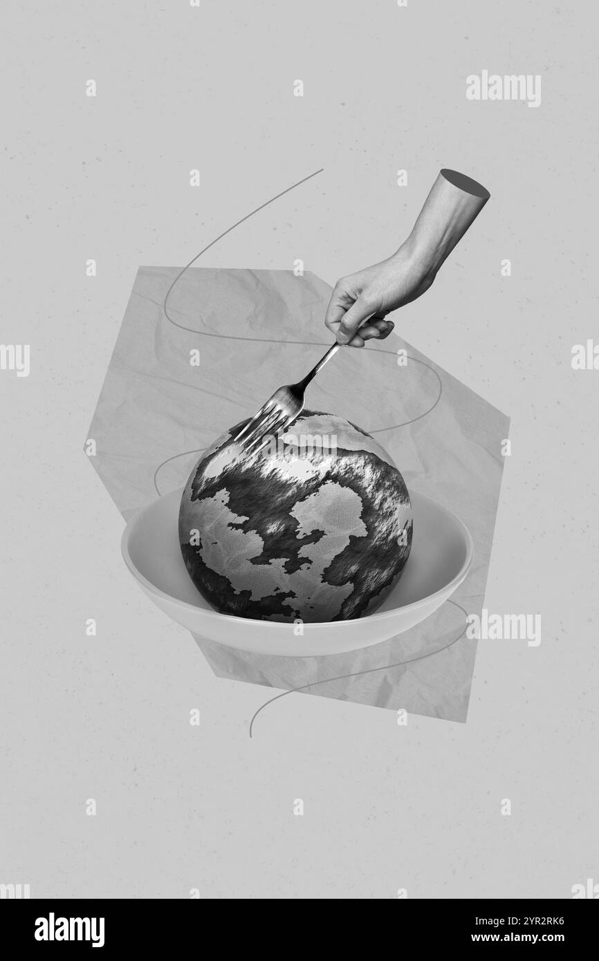 Collage photo of miniature destroying earth inside bowl hand fork ...