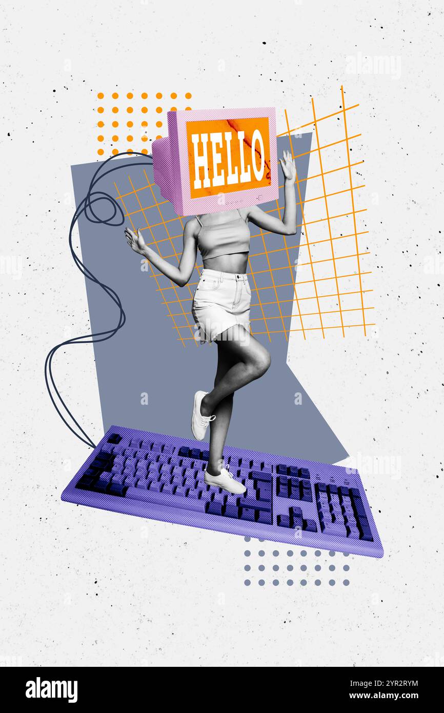 Vertical photo collage of anonym girl wear pc monitor instead head ...