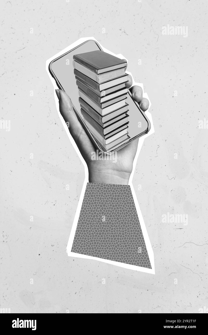 Collage photo of knowledge concept of hand holding pile books ereader ...