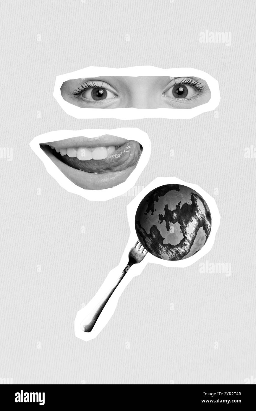 Collage photo concept of miniature planet earth human eating resourses ...