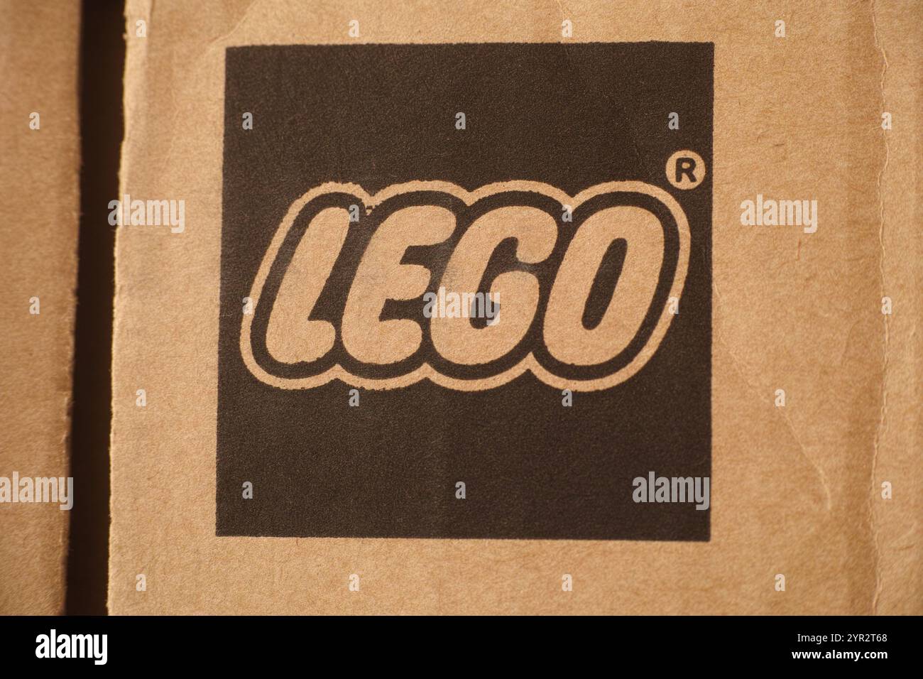 Tambov, Russian Federation - November 12, 2024 Lego logo on cardboard ...
