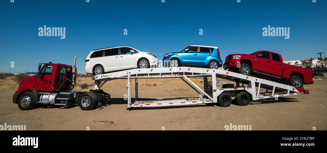 CALIFORNIA, USA - 2021 - Red White and Blue cars on auto transporter ...