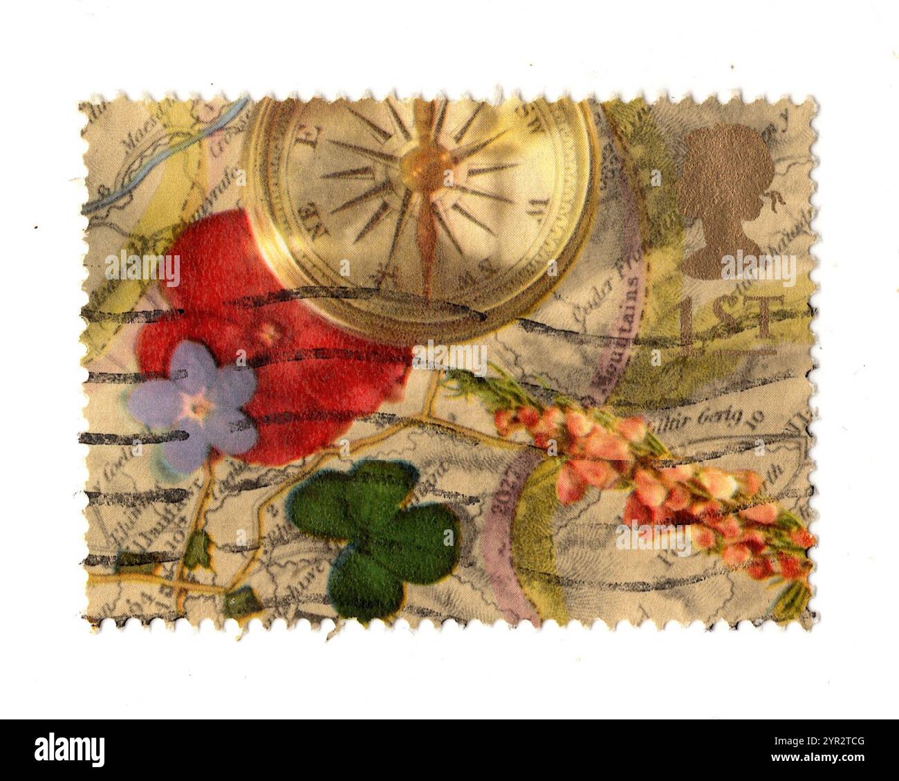 A vintage postage stamp from Great Britain featuring a compass Stock ...
