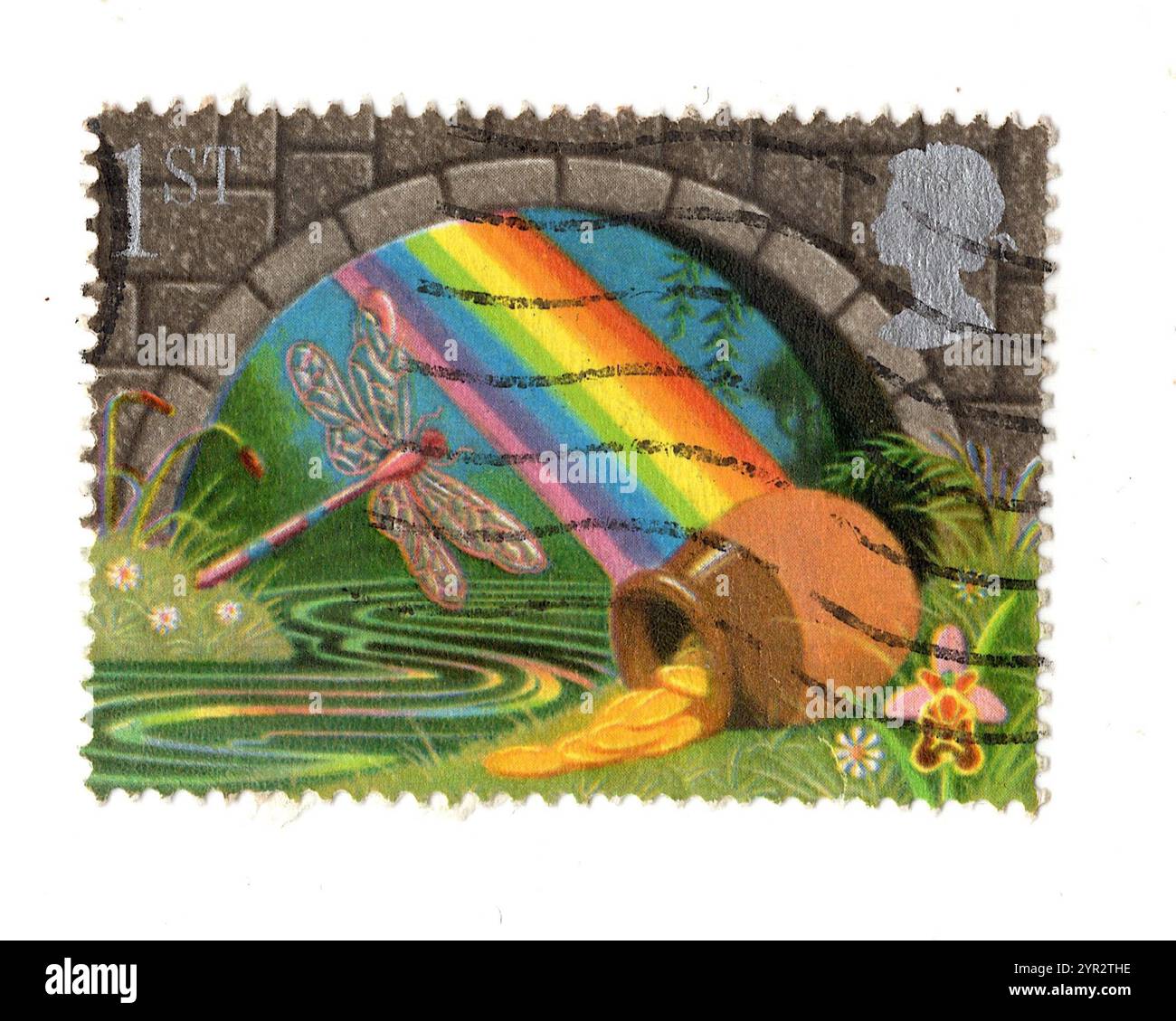 A vintage postage stamp from Great Britain featuring a Good Luck symbol ...