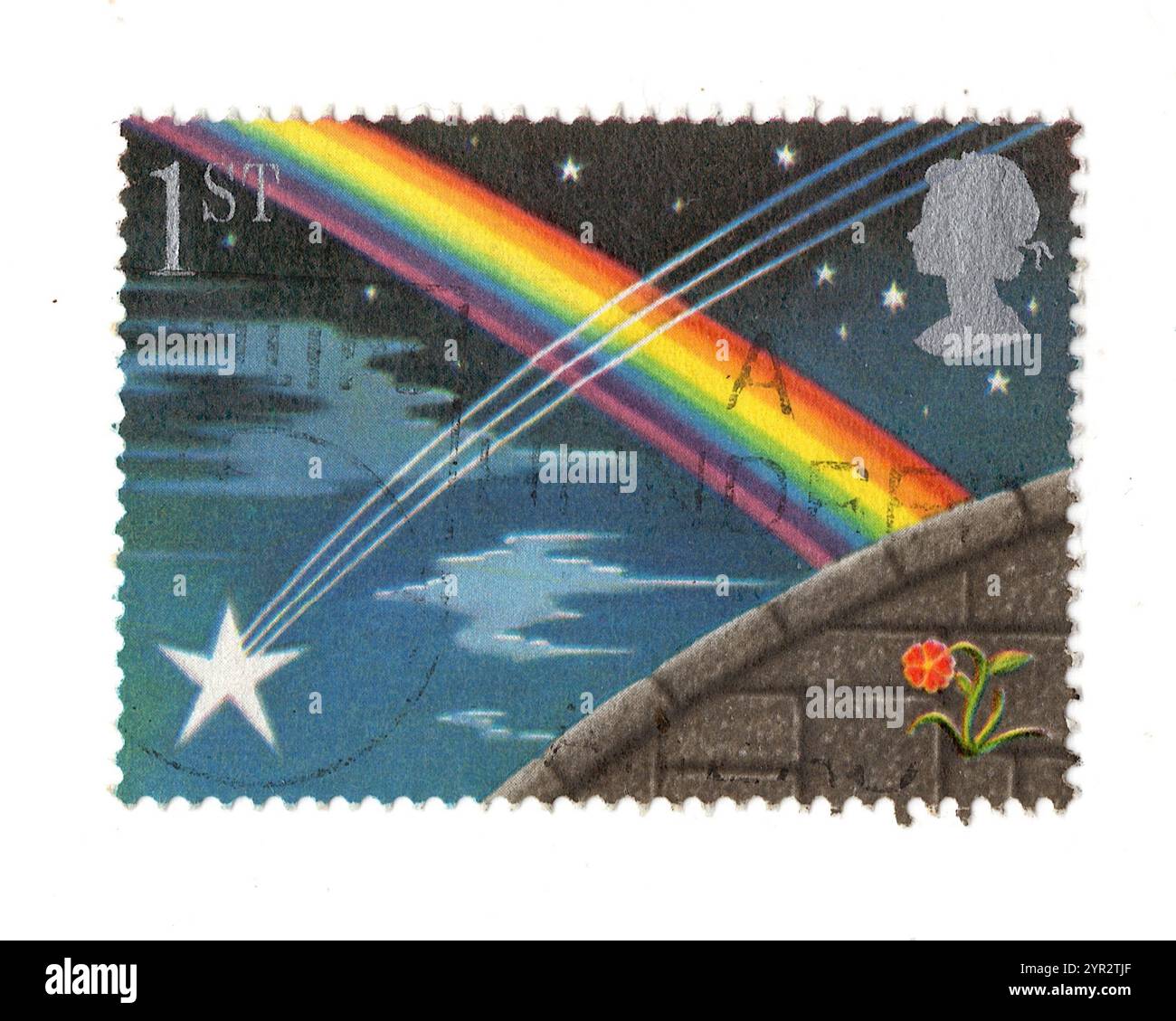 A vintage postage stamp from Great Britain featuring a shooting star ...