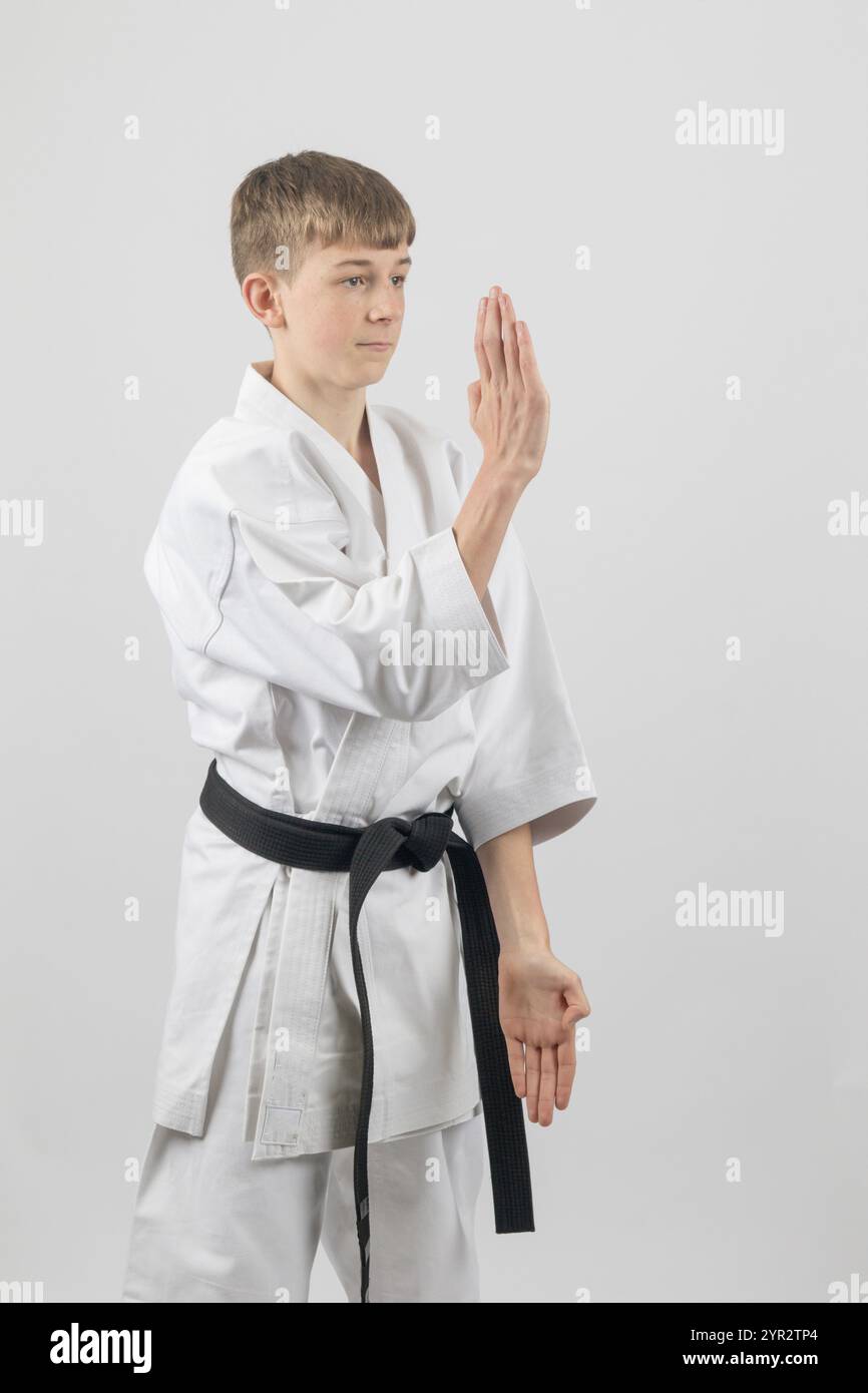 Fifteen year old male teenage karate black belt doing double open hand ...