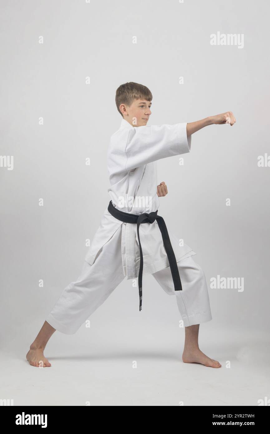 Fifteen year old male teenage karate black belt in long stance doing a ...