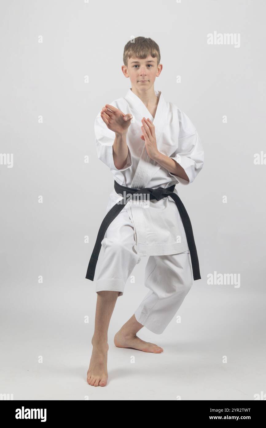 Fifteen year old male teenage karate black belt in a cat stance doing ...