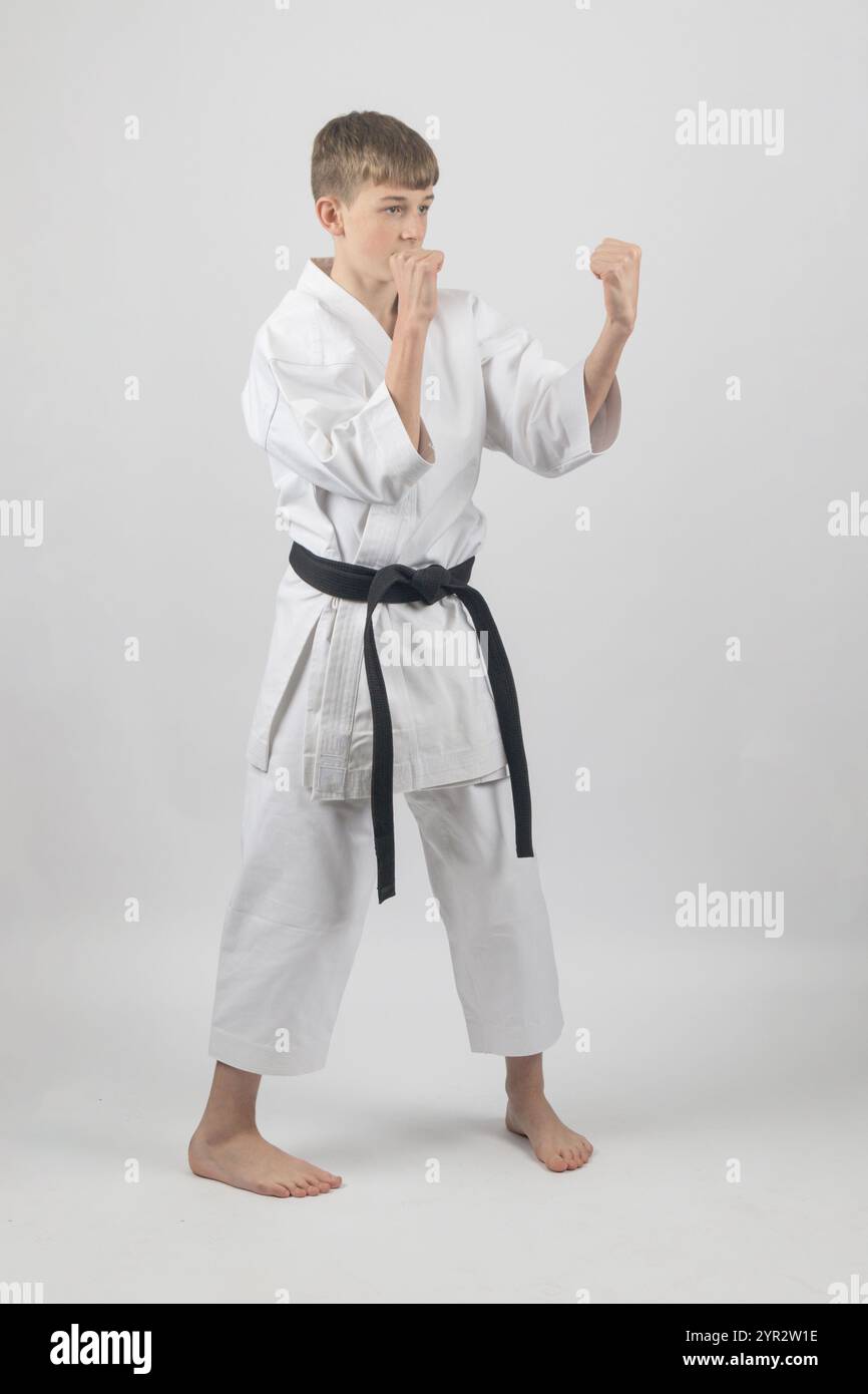 Fifteen year old male teenage karate black bel in sanchin stance doing ...