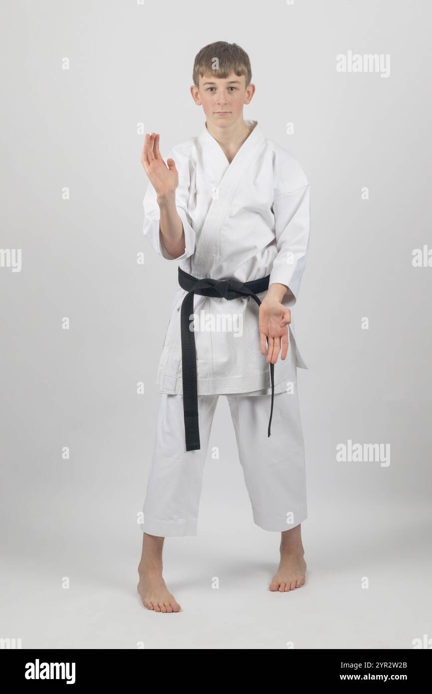 Fifteen year old male teenage karate black bel in sanchin stance doing ...