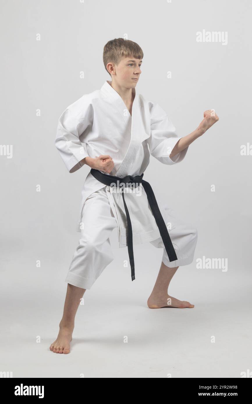 Fifteen year old male teenage karate black belt standing in a low ...