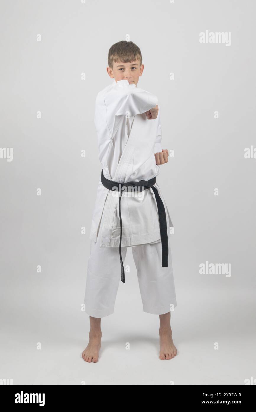 Fifteen year old male teenage karate black belt performing a side back ...