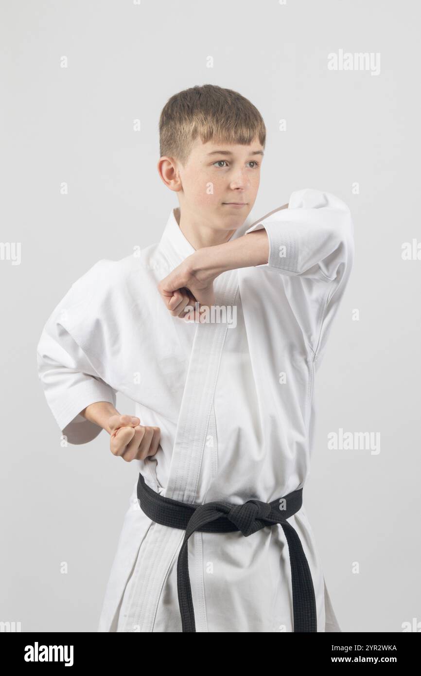 Fifteen year old male teenage karate black belt performing a round ...