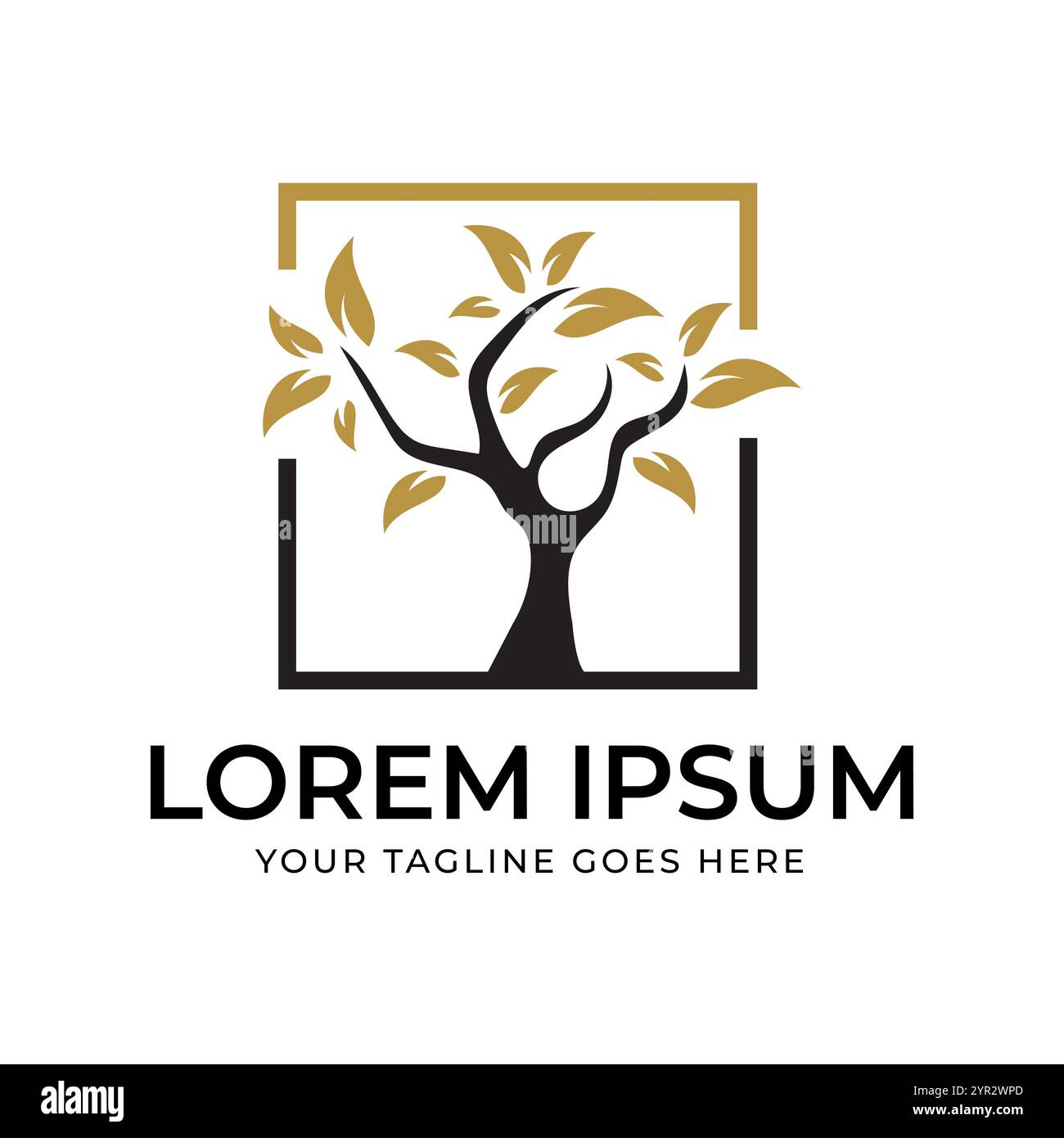 Tree Illustration in Unique Frame with Gold Leaves Design Vector ...