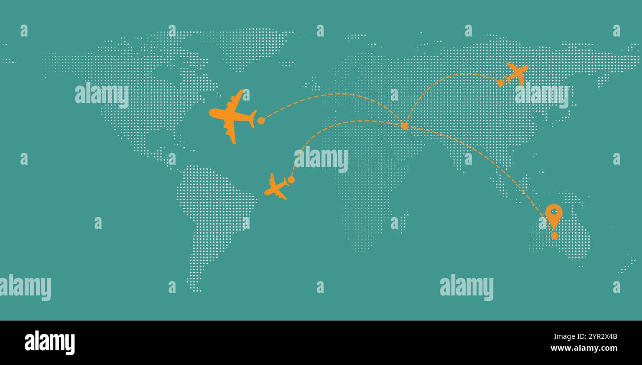 Planes routes orange flying over world map, Tourism and travel concept ...