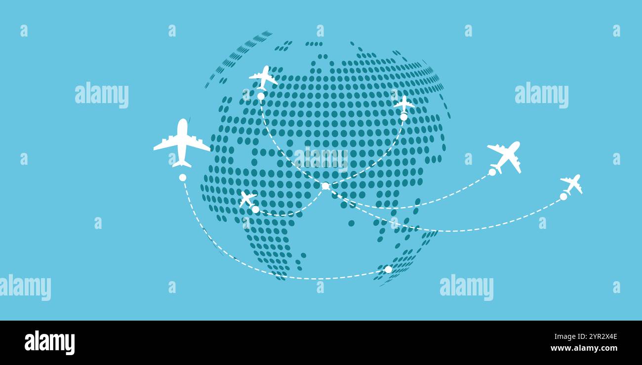Global transport connectivity routes, Planes routes white flying over ...