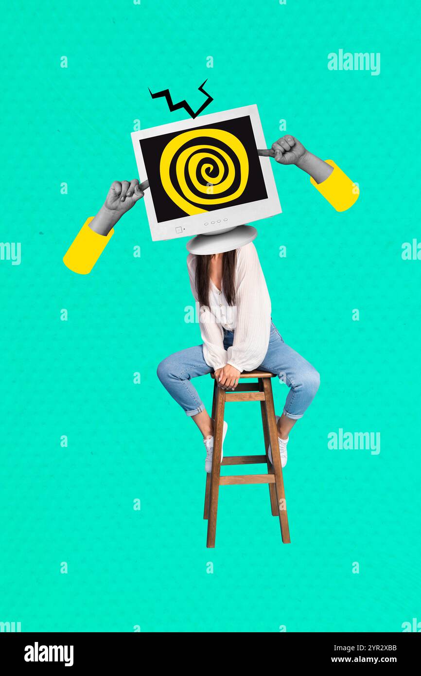Vertical photo collage of anonym girl instead head tv set computer ...