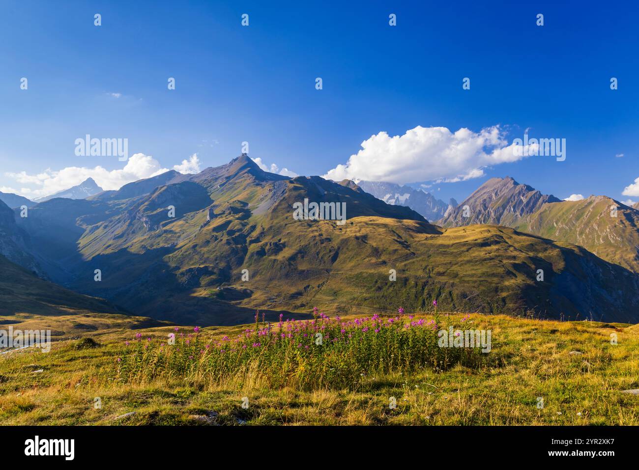 Landscape near Col du Petit-Saint-Bernard with Mont Blanc, on border ...