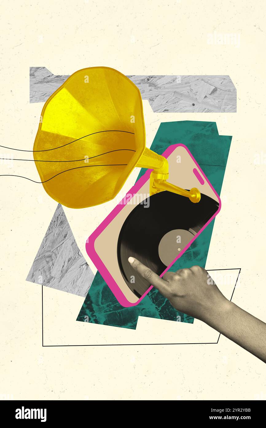 Vertical art collage of hand push melody vinyl disk screen playlist old ...