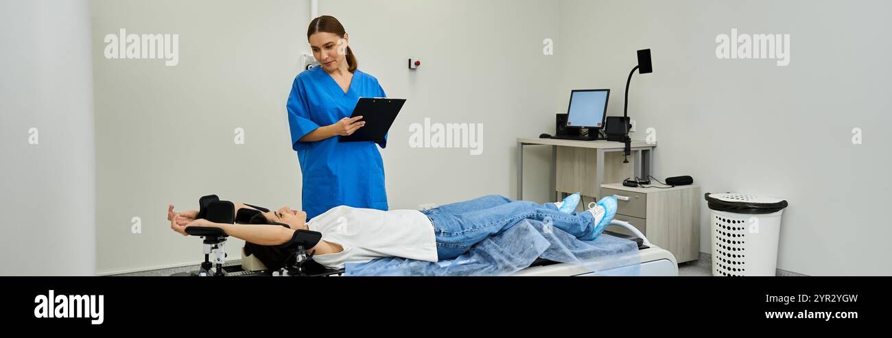 A doctor in a lab coat guides a patient before an MRI scan, ensuring ...