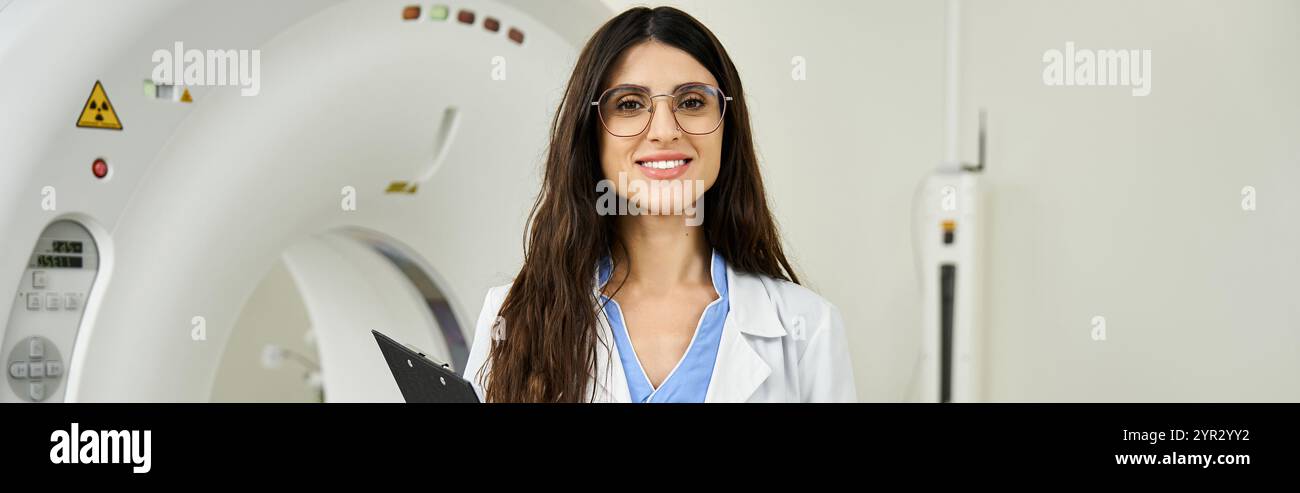 A professional female doctor in a lab coat stands by an MRI machine ...