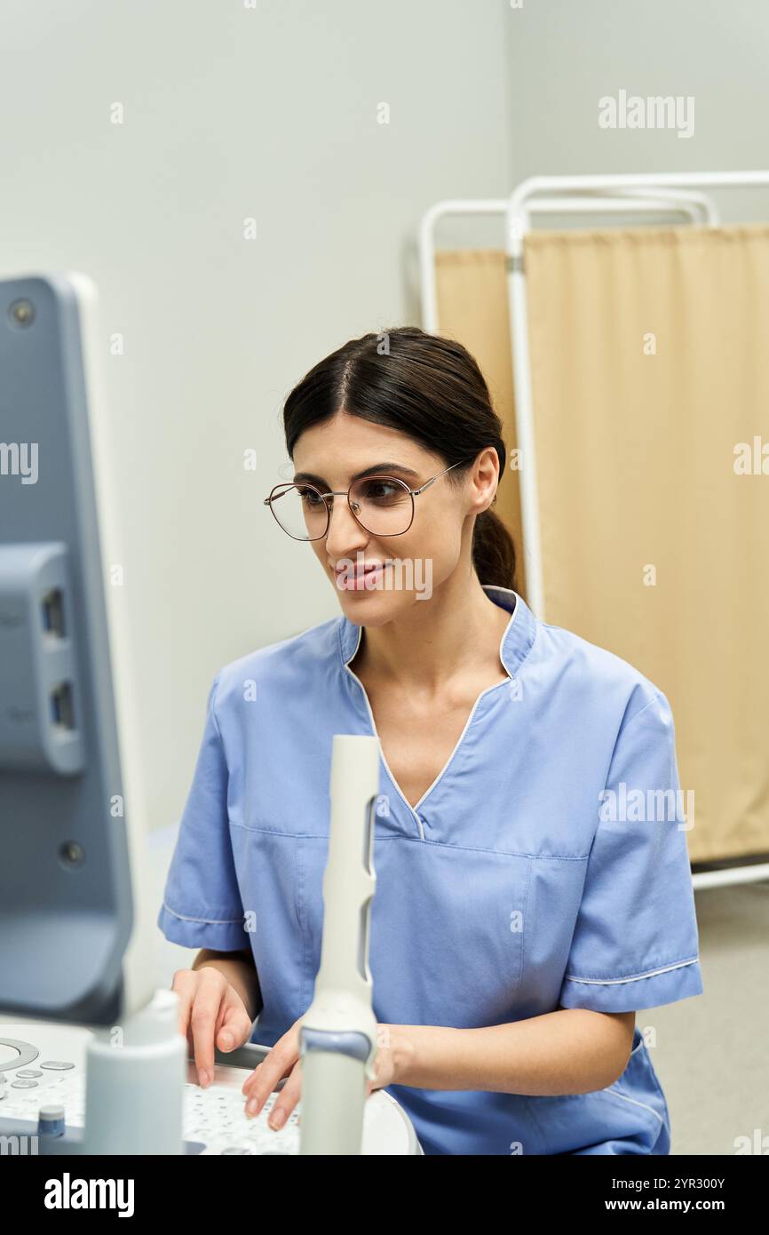 Female doctor uses ultrasound checking hi-res stock photography and ...