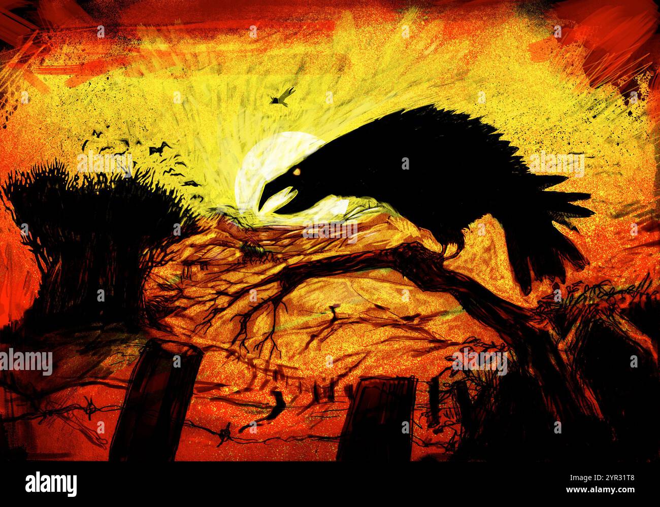 Gothic art of crow raven on tree, spooky woodland, sun setting/rising ...