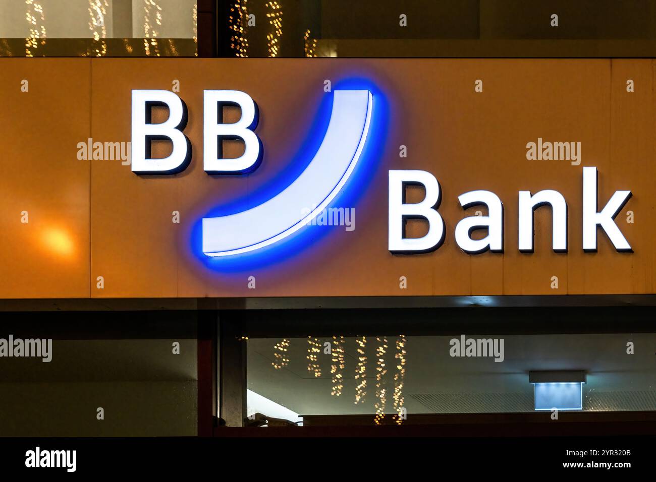 Darmstadt, Germany, 20.11.2024: Illuminated BB Bank lettering, logo ...