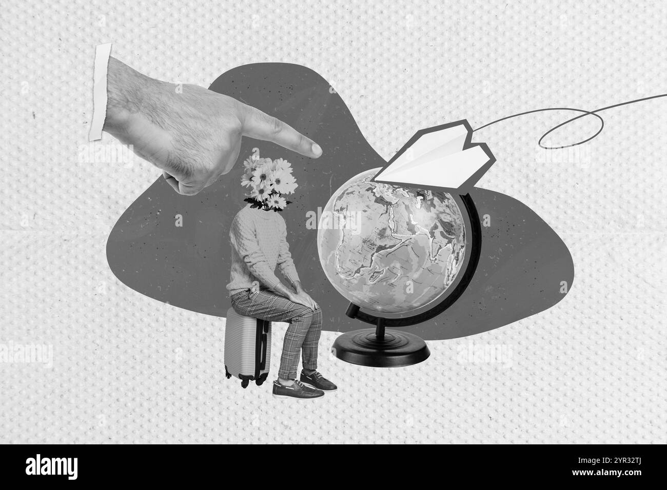 Collage photo of headless gerbera young man traveler baggage wait paper ...