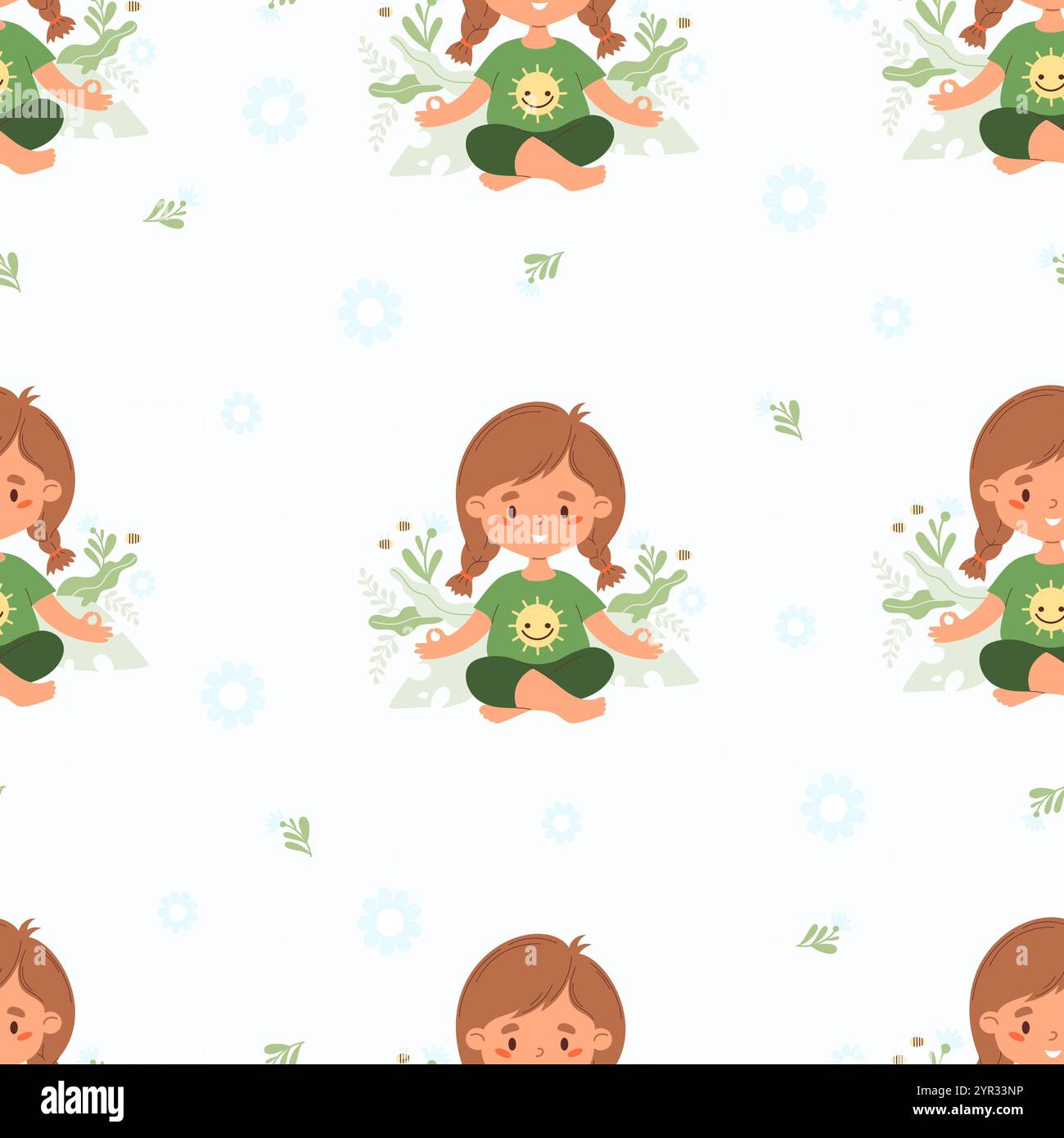 Seamless pattern with happy girl child with braids hairstyle meditating ...
