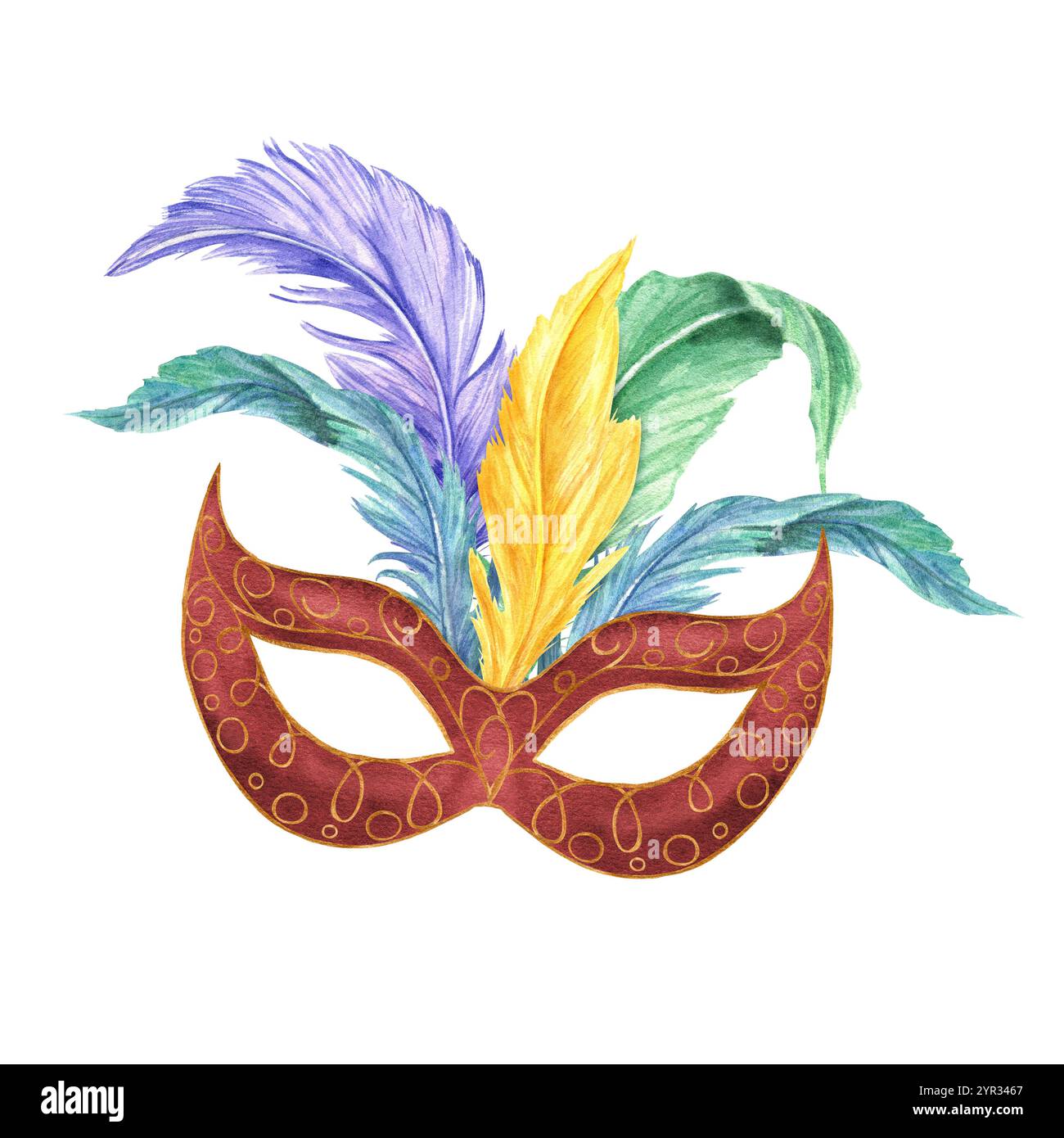 Watercolor decorative carnival mask with colorful bird feathers ...