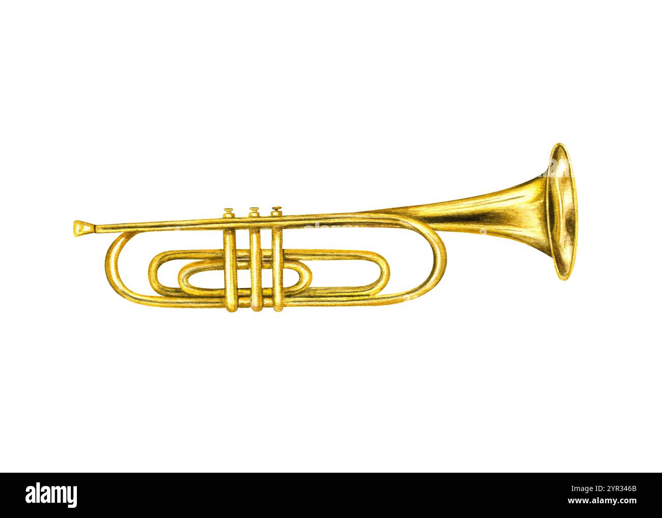 Watercolor musical classical shiny brass trumpet illustration . Hand ...