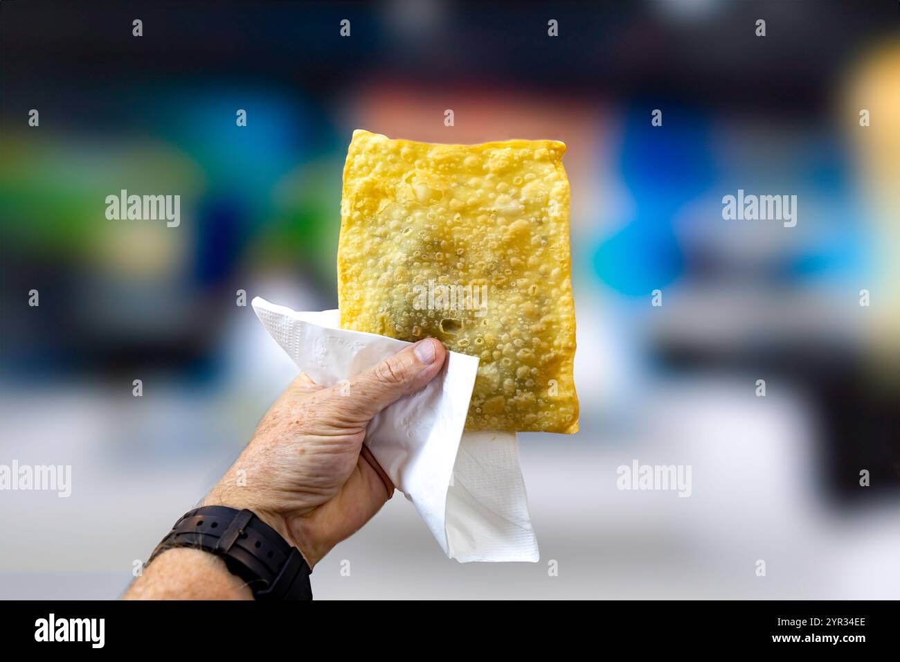 Traditional Brazilian fried pastry stuffed with ground beef. "Pastel de ...