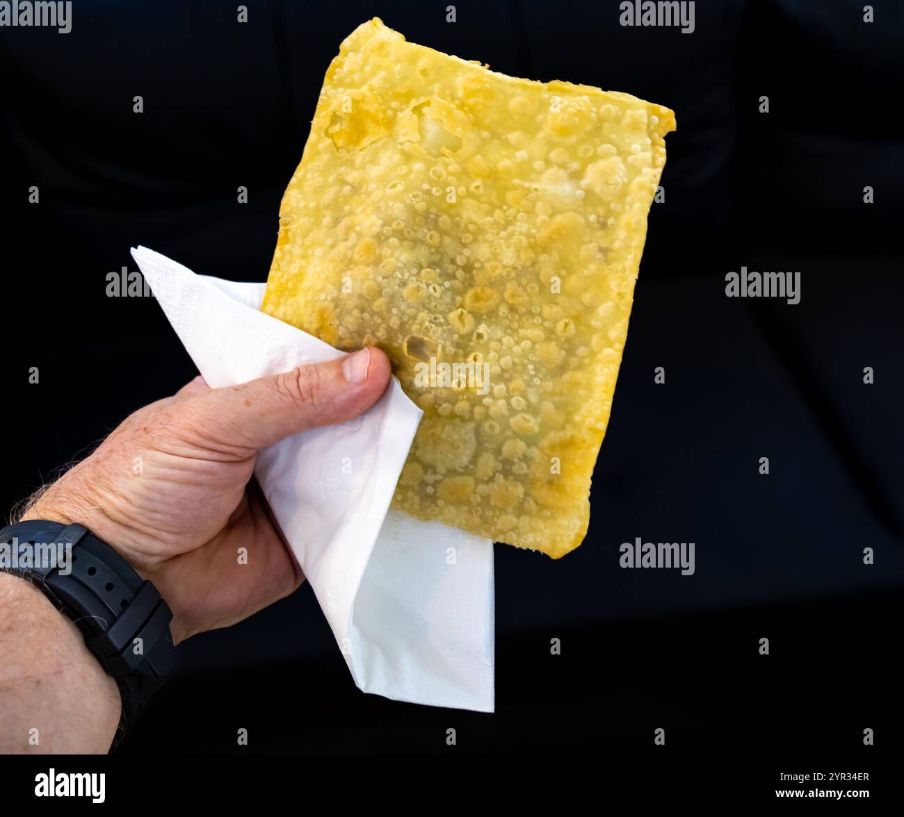 Traditional Brazilian fried pastry stuffed with ground beef. "Pastel de ...