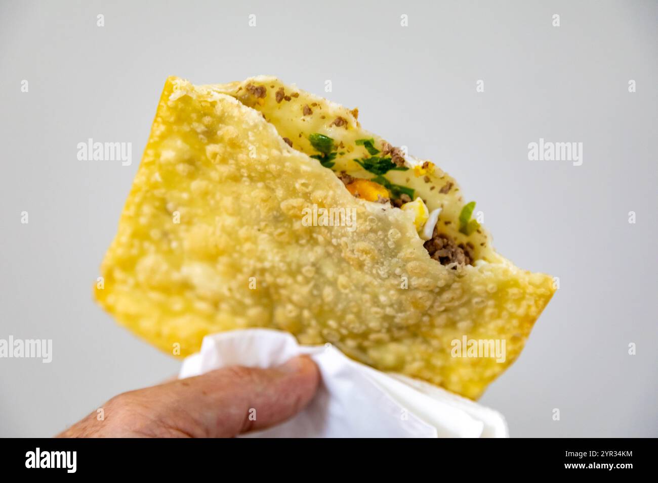 Traditional Brazilian fried pastry stuffed with ground beef. "Pastel de ...