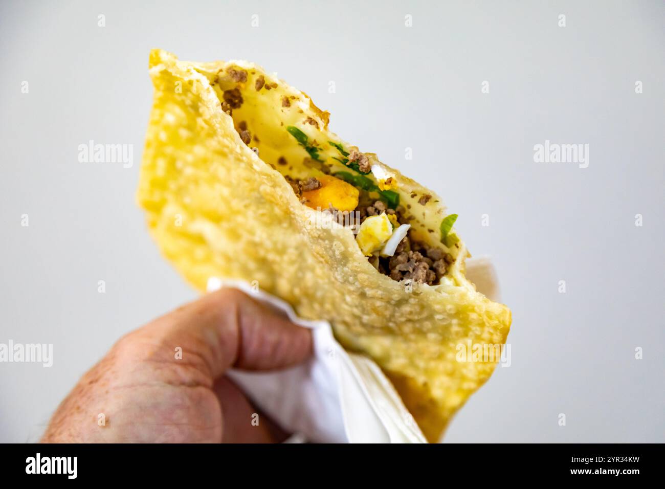Traditional Brazilian fried pastry stuffed with ground beef. "Pastel de ...