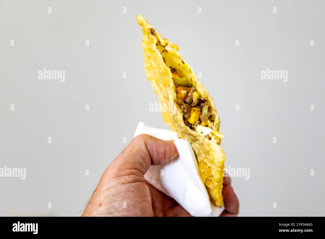 Traditional Brazilian fried pastry stuffed with ground beef. "Pastel de ...