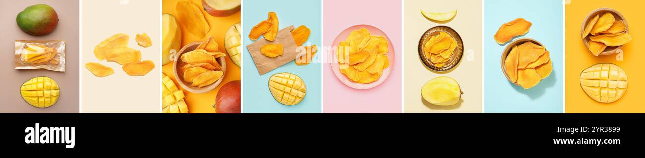 Collage of sweet dried mango on color background, top view Stock Photo ...