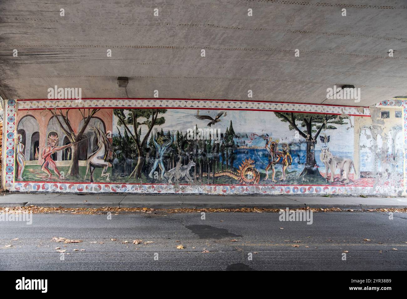 People and mythical creatures mural on the underpass on Wellesley ...