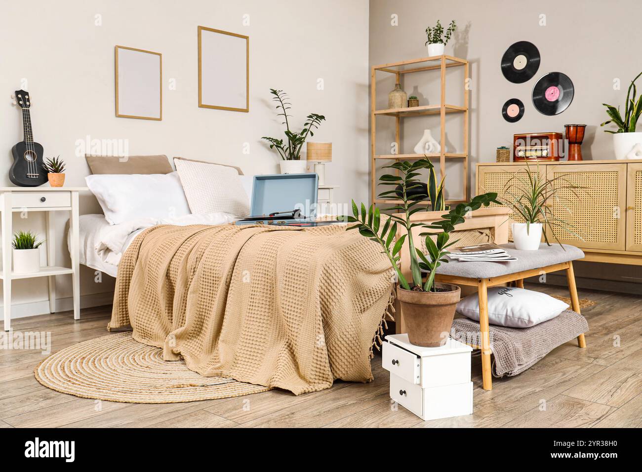 Interior of bedroom with plants, record player and vinyl disks Stock ...