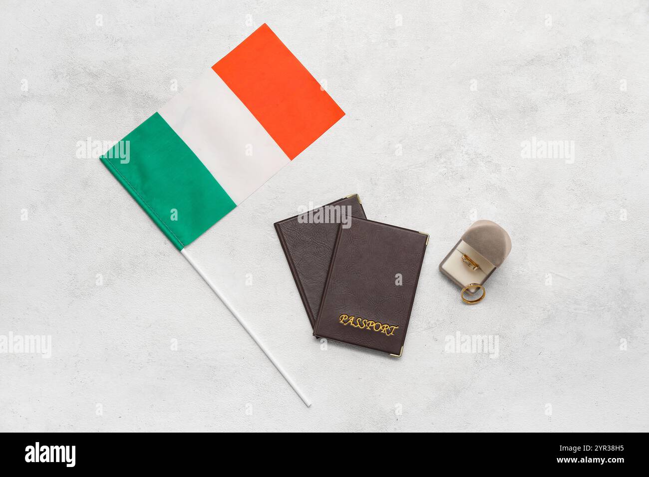 Flag of Ireland, passports and wedding rings on light background Stock ...