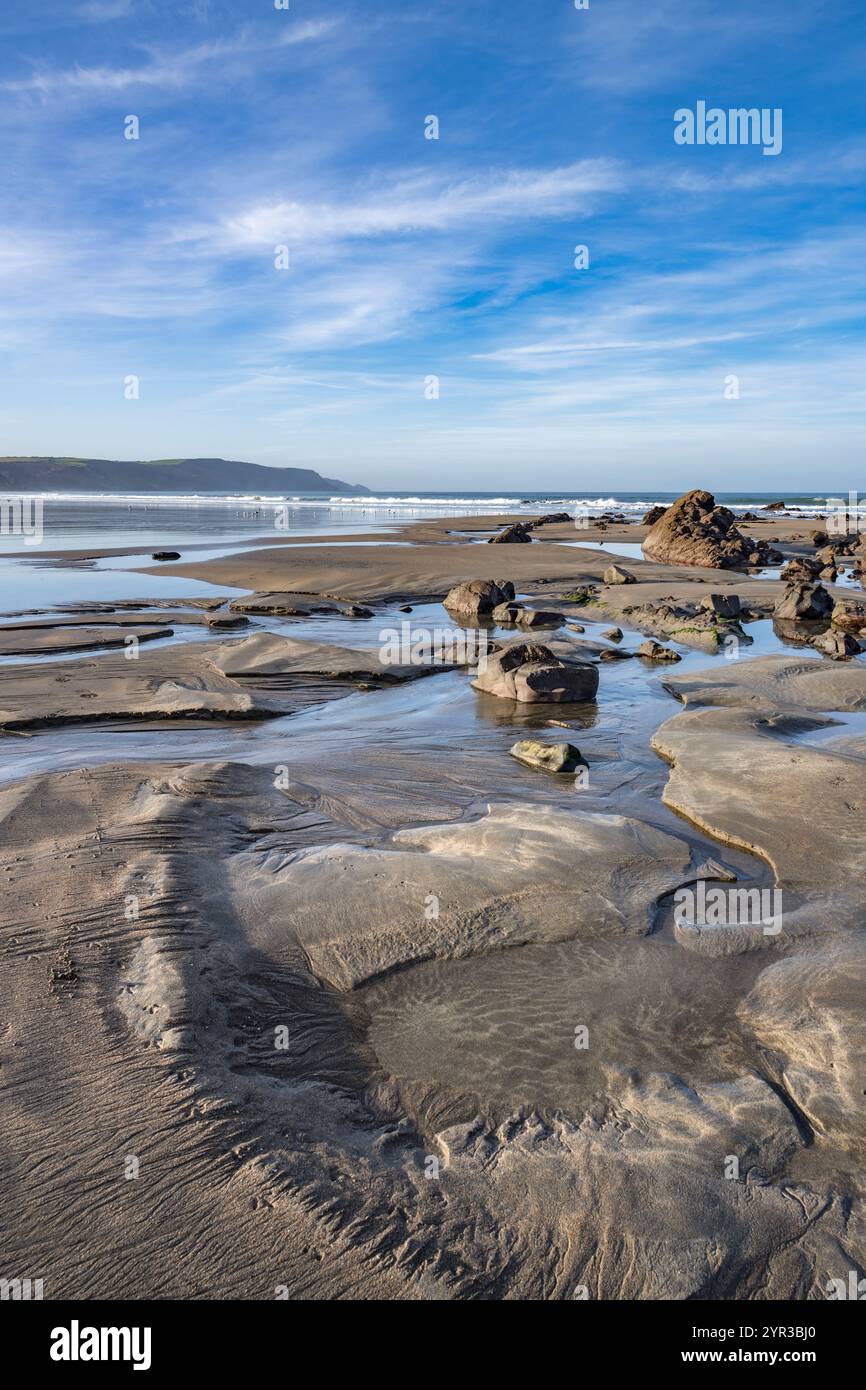 Natural sand patterns after low tide at Widemouth Bay Cornwall Stock ...