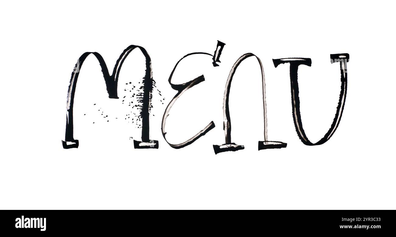 Artistic hand-drawn brushstroke typography of word menu in black ink on ...